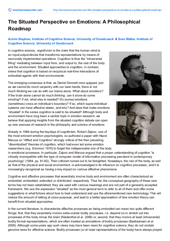 (PDF) The Situated Perspective on Emotions: A Philosophical Roadmap