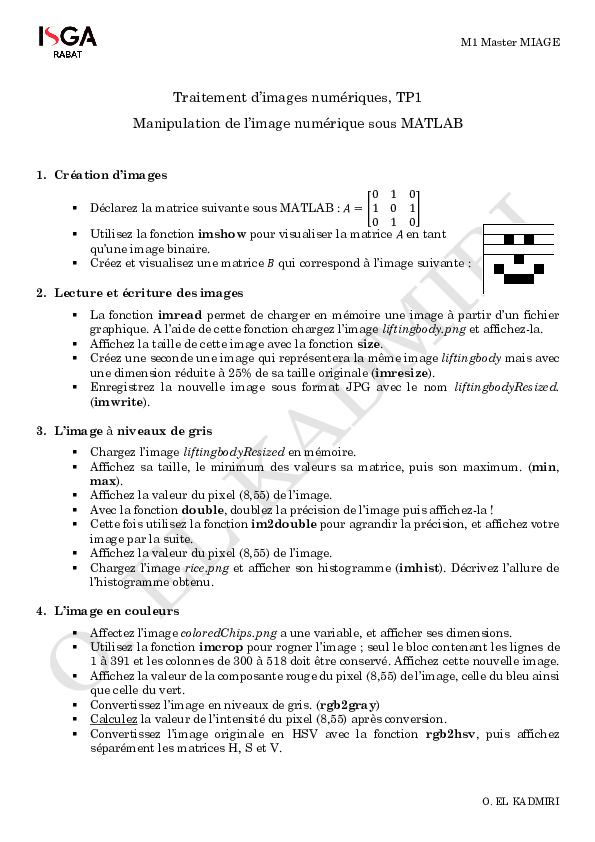 (PDF) M1 Master MIAGE Traitement d'images numériques, TP1