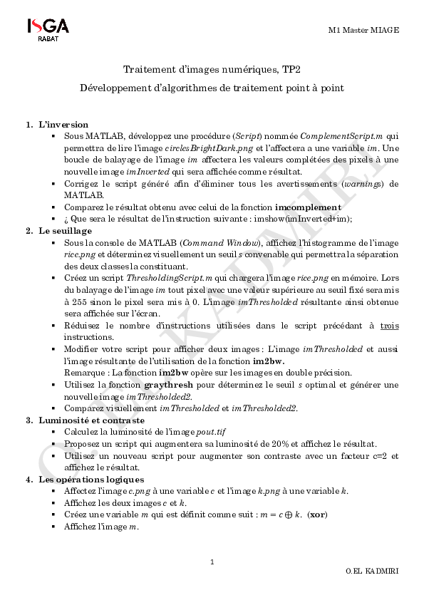 (PDF) Tra itement d’images numériques, TP2