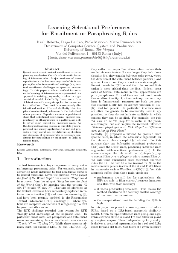 (PDF) Learning selectional preferences for entailment or paraphrasing rules | Roberto Baiocco ...