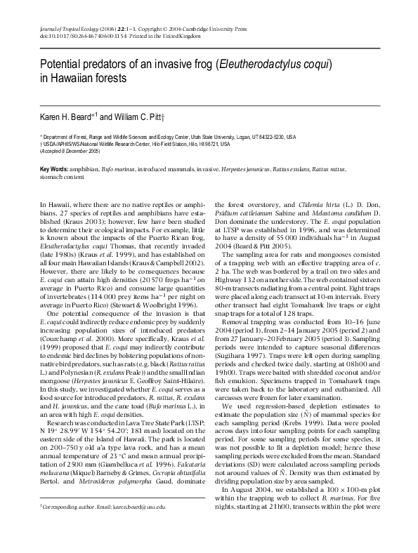 (PDF) Potential predators of an invasive frog ( Eleutherodactylus coqui ...