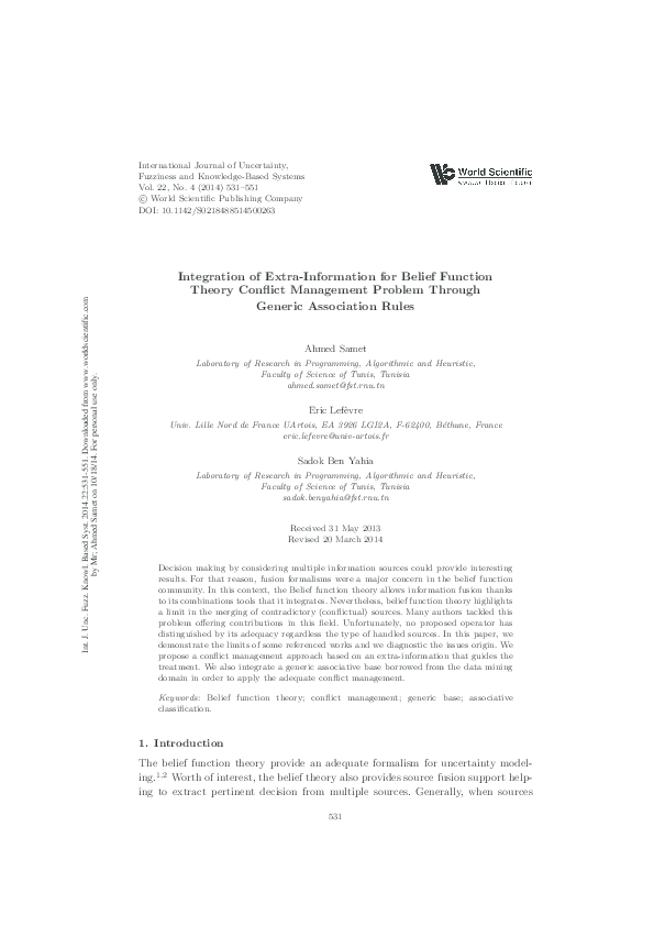 (PDF) Integration of Extra-Information for Belief Function Theory Conflict Management Problem ...