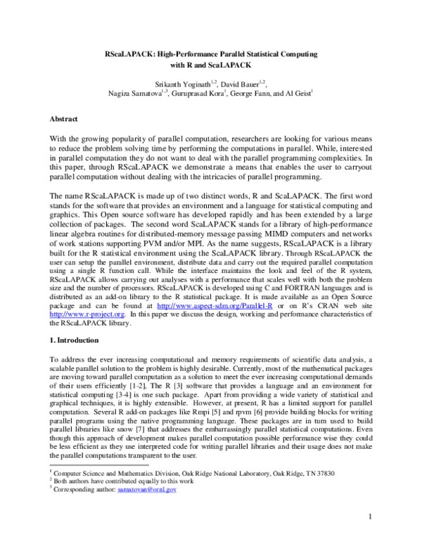 Pdf Rscalapack High Performance Parallel Statistical Computing With
