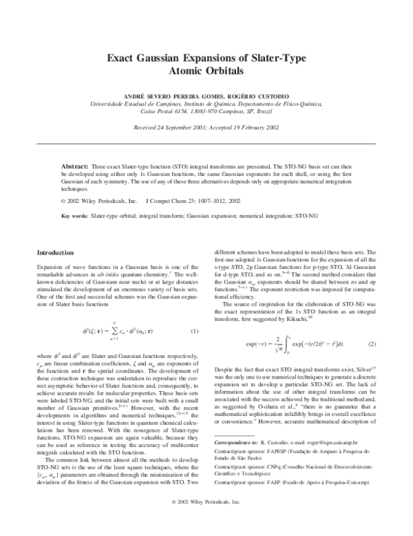 Pdf Exact Gaussian Expansions Of Slater Type Atomic Orbitals