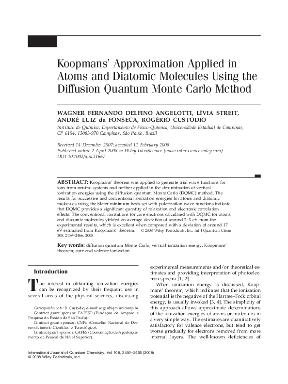 (PDF) Koopmans' approximation applied in atoms and diatomic molecules using the diffusion ...