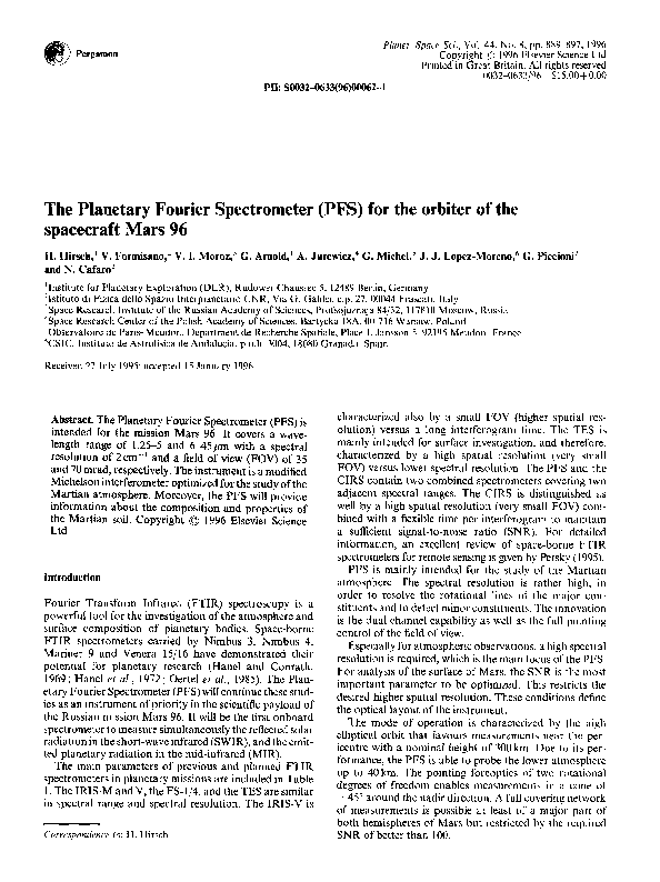 (PDF) The Planetary Fourier Spectrometer (PFS) for the orbiter of the ...