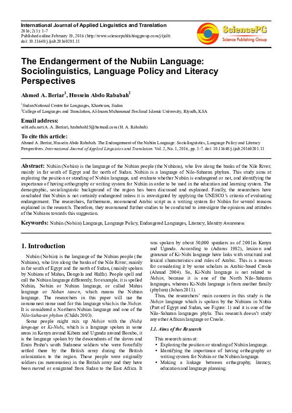 (PDF) The Endangerment of the Nubiin Language: Sociolinguistics ...