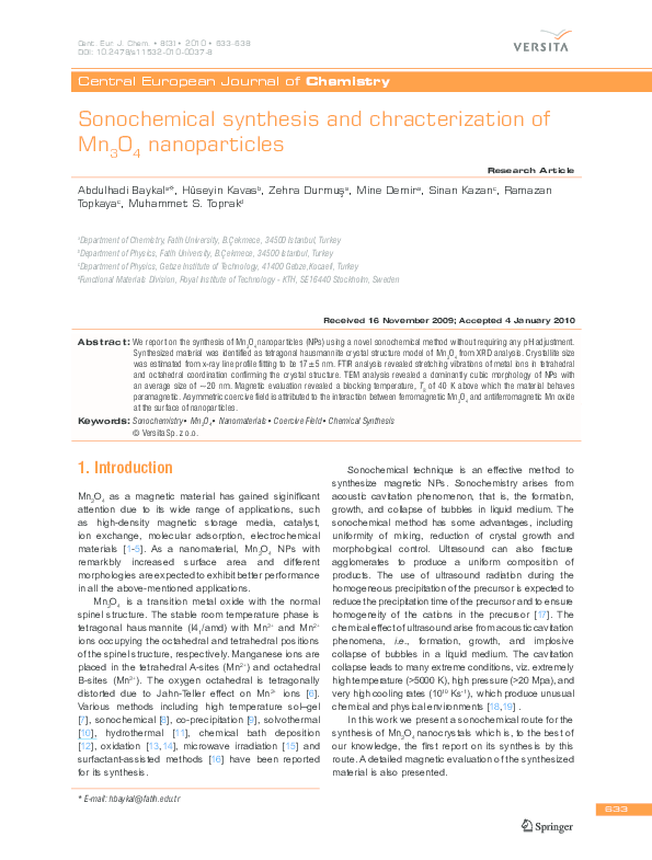 (PDF) Sonochemical synthesis and chracterization of Mn3O4 nanoparticles