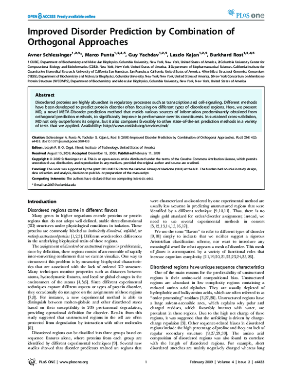 (PDF) Improved disorder prediction by combination of orthogonal approaches