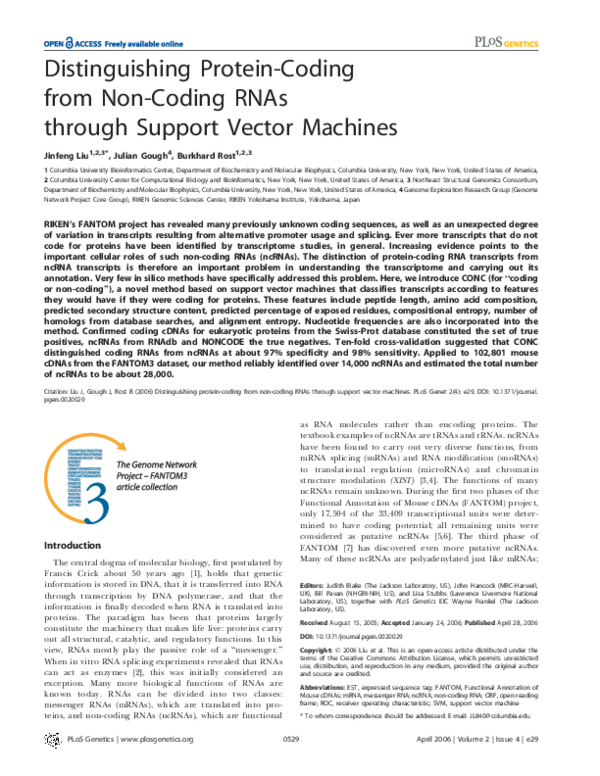 (PDF) Distinguishing protein-coding from non-coding RNAs through support vector machines