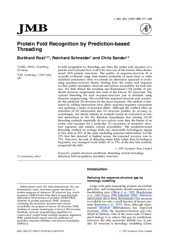 Pdf Protein Fold Recognition By Prediction Based Threading