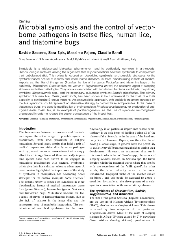 (PDF) Microbial symbiosis and the control of vector-borne pathogens in tsetse flies, human lice ...