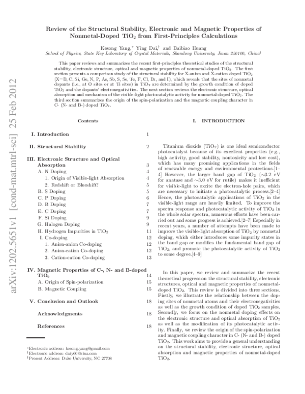 (PDF) Review of the Structural Stability, Electronic and Magnetic Properties of Nonmetal-Doped ...
