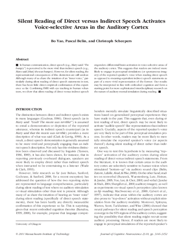 (PDF) Silent Reading of Direct versus Indirect Speech Activates Voice ...