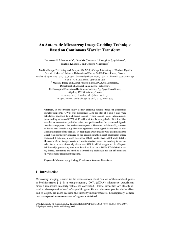 (PDF) An Automatic Microarray Image Gridding Technique Based on Continuous Wavelet Transform