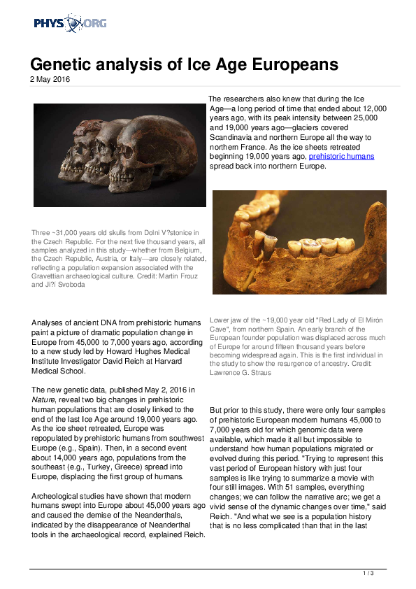 (PDF) Genetic analysis of Ice Age Europeans