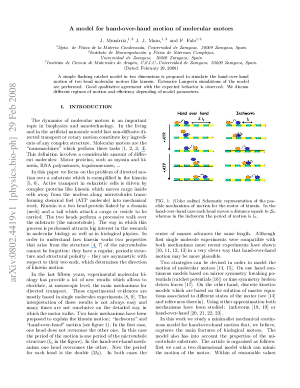 (PDF) Model for hand-over-hand motion of molecular motors