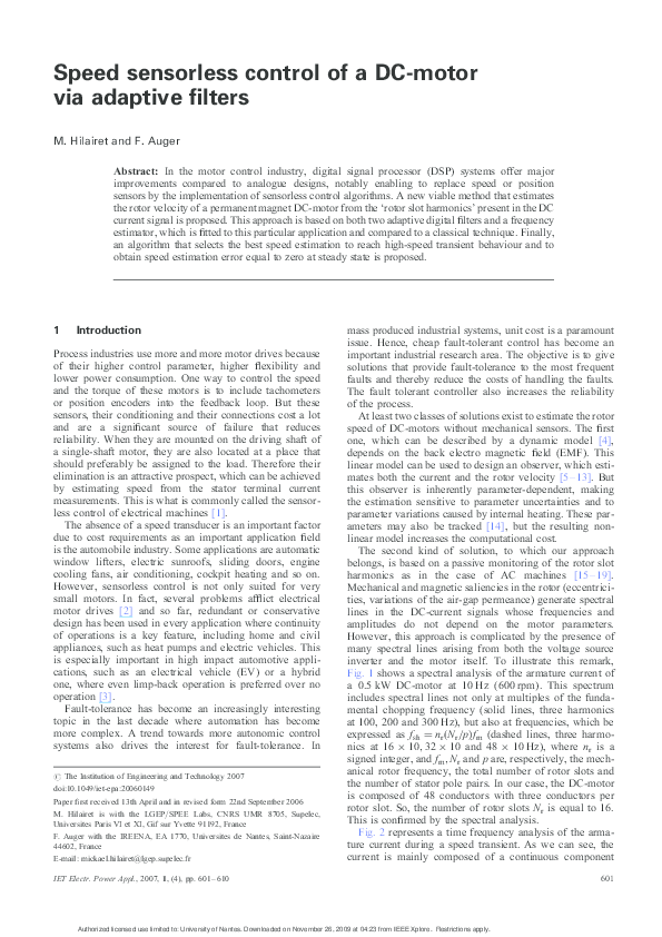 (PDF) Speed sensorless control of a DC-motor via adaptive filters