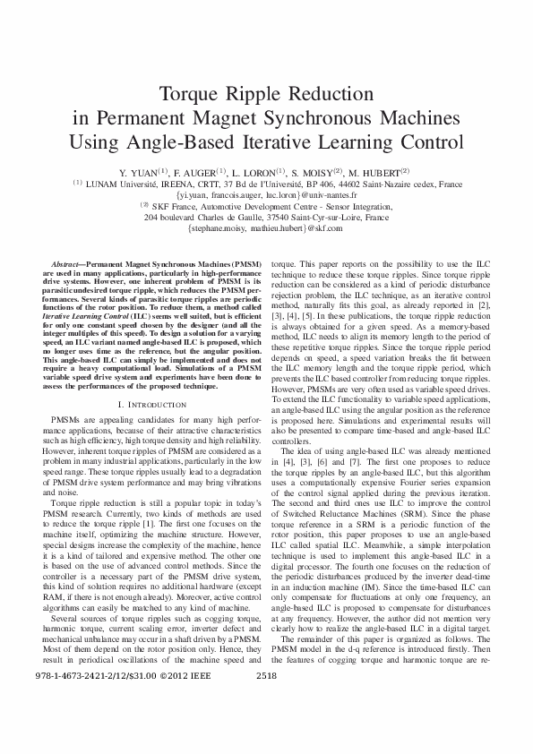 Pdf Torque Ripple Reduction In Permanent Magnet Synchronous Machines Using Angle Based
