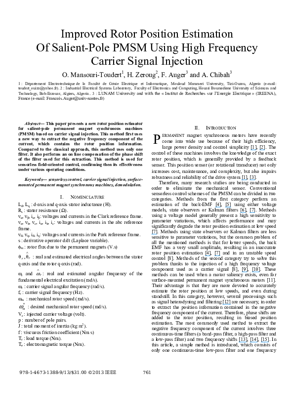 (PDF) Improved rotor position estimation of salient-pole PMSM using high frequency carrier ...