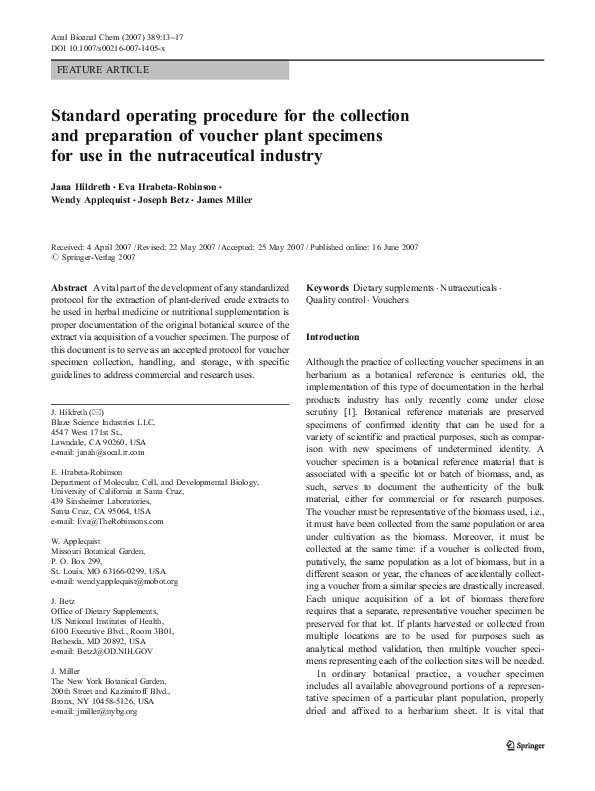 (PDF) Standard operating procedure for the collection and preparation ...