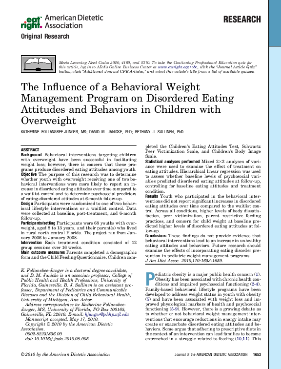 (PDF) The Influence of a Behavioral Weight Management Program on ...