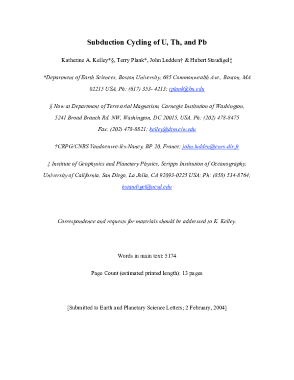 (PDF) Subduction cycling of U, Th, and Pb