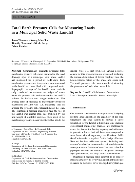 (PDF) Total Earth Pressure Cells for Measuring Loads in a Municipal ...