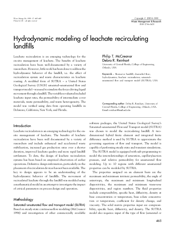 (PDF) Hydrodynamic modeling of leachate recirculating landfills