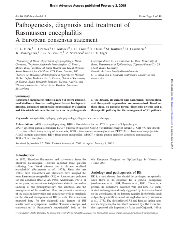 (PDF) Pathogenesis, diagnosis and treatment of Rasmussen encephalitis ...