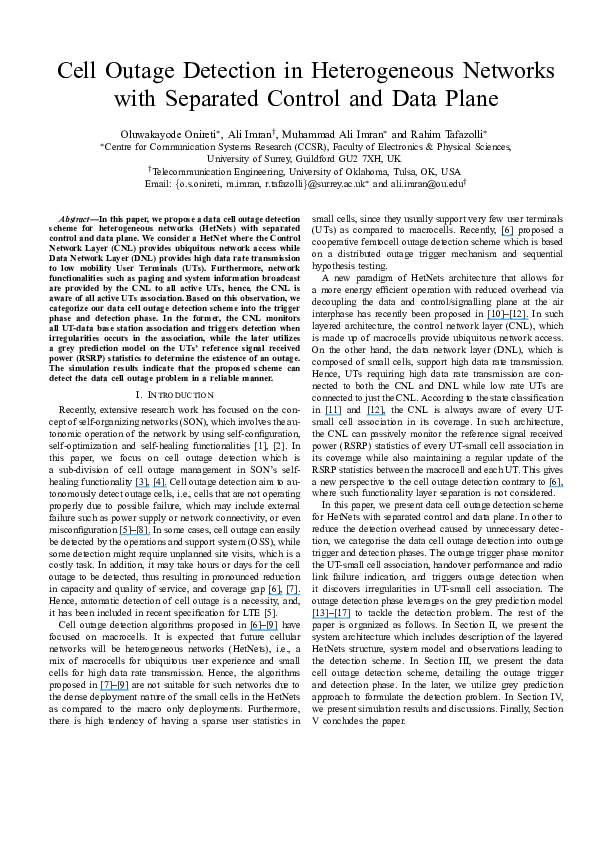 Pdf Cell Outage Detection In Heterogeneous Networks With Separated Control And Data Plane