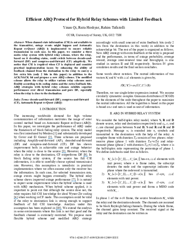 (PDF) Efficient ARQ Protocol for Hybrid Relay Schemes with Limited Feedback