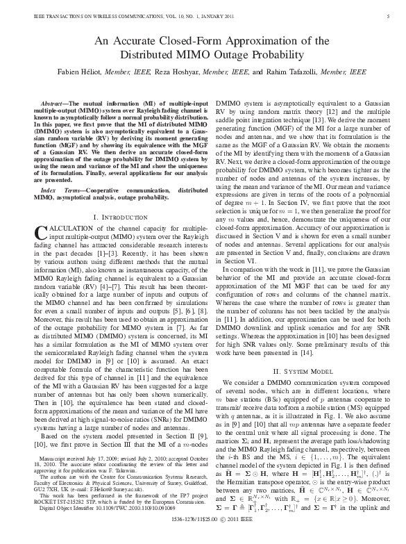 (PDF) An Accurate Closed-Form Approximation of the Distributed MIMO Outage Probability