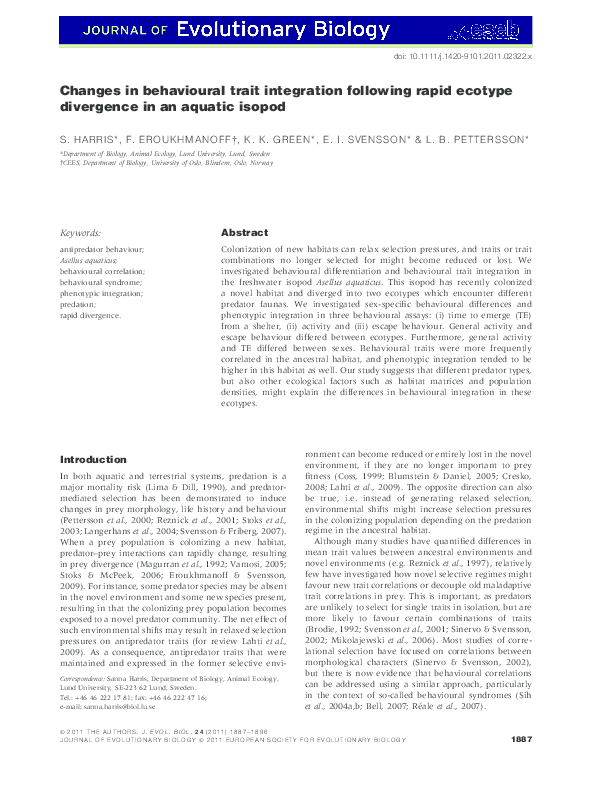 (PDF) Changes in behavioural trait integration following rapid ecotype ...