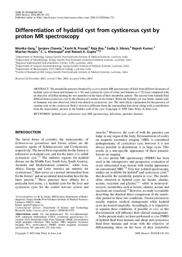 (PDF) Differentiation of hydatid cyst from cysticercus cyst by proton ...