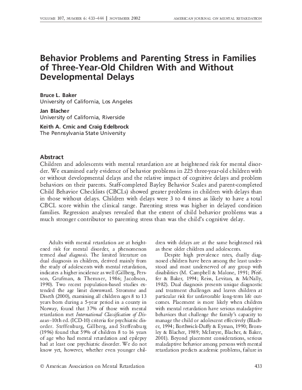 (PDF) Behavior Problems and Parenting Stress in Families of Three-Year-Old Children With and ...