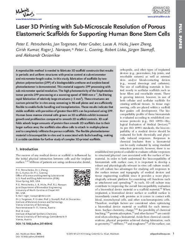 (PDF) Laser 3D Printing with Sub-Microscale Resolution of Porous Elastomeric Scaffolds for ...