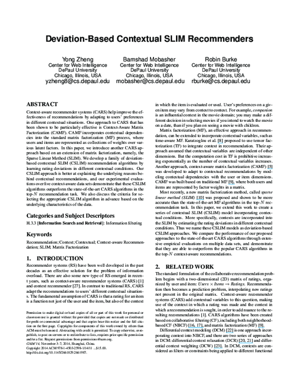 (PDF) Deviation-Based Contextual SLIM Recommenders | Robin Burke and ...
