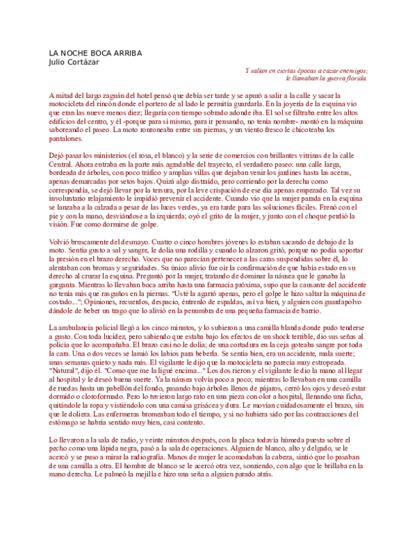 (DOC) LA NOCHE BOCA ARRIBA Julio Cortázar