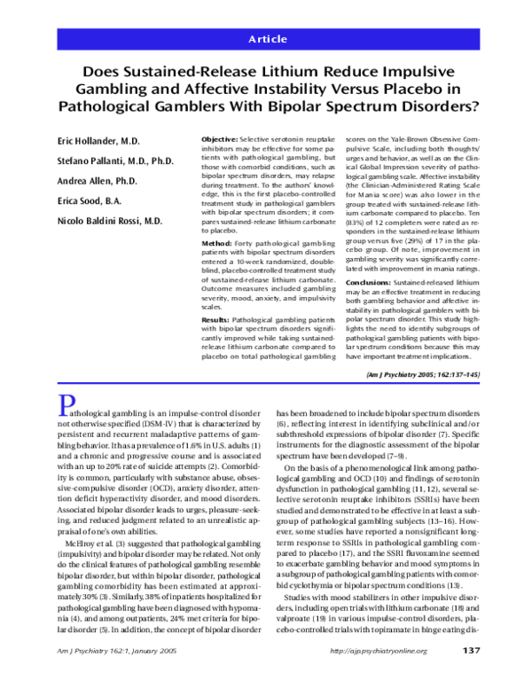 (PDF) Does Sustained-Release Lithium Reduce Impulsive Gambling and ...