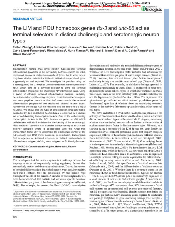 (PDF) The LIM and POU homeobox genes ttx-3 and unc-86 act as terminal ...