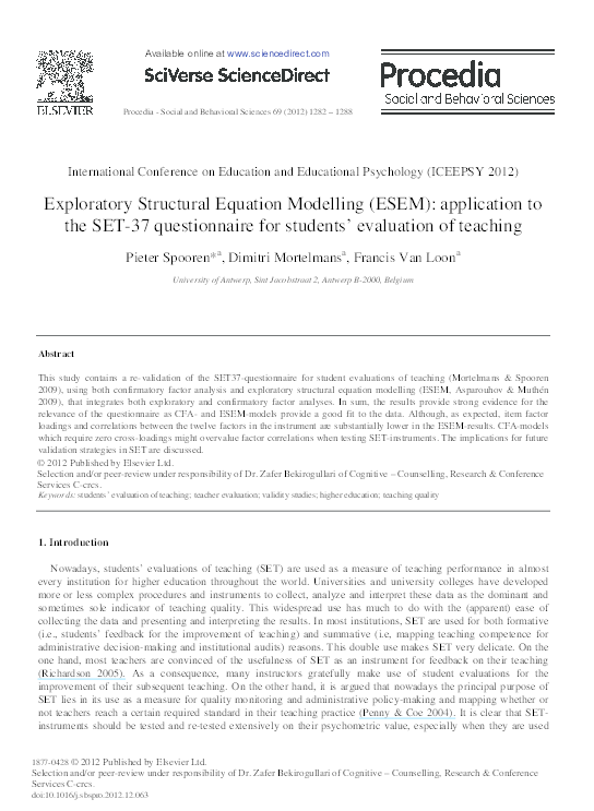 Pdf Exploratory Structural Equation Modeling Esem An Application To The Set37