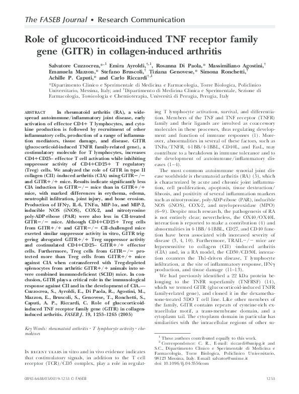 (PDF) Role of glucocorticoid-induced TNF receptor family gene (GITR) in collagen-induced arthritis