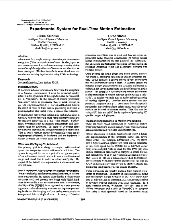 Pdf Experimental System For Real Time Motion Estimation L Vlacic