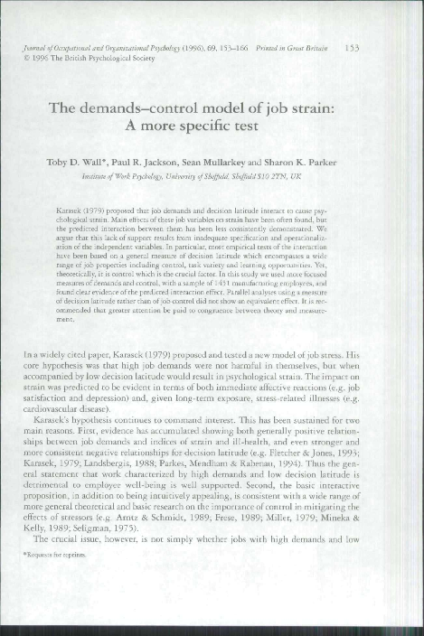 (PDF) The demands-control model of job strain: A more specific test