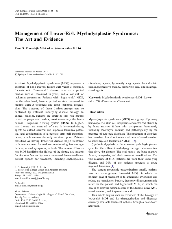 (PDF) Management of lower-risk myelodysplastic syndromes: the art and ...