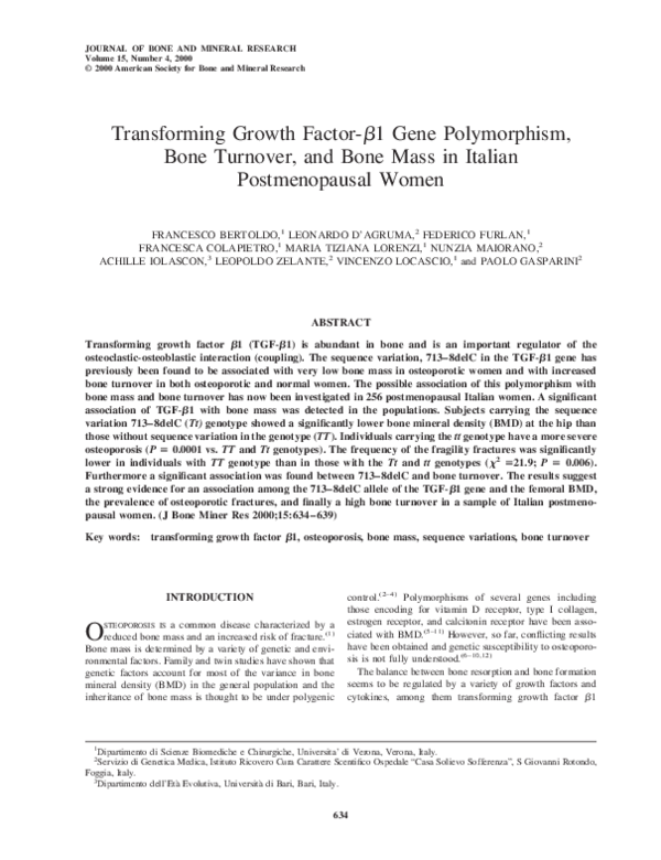 (PDF) Transforming Growth Factor-β1 Gene Polymorphism, Bone Turnover, and Bone Mass in Italian ...
