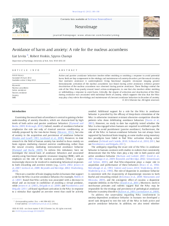 (PDF) Avoidance of harm and anxiety: A role for the nucleus accumbens