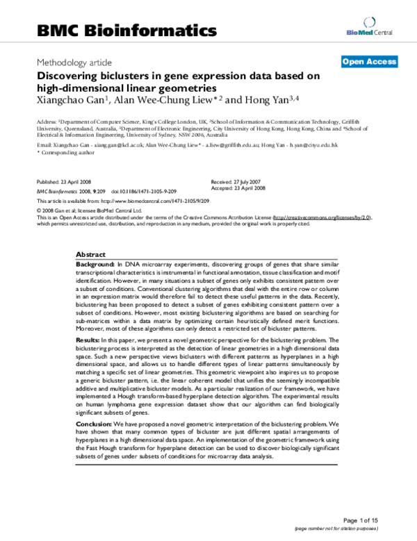 (PDF) Discovering biclusters in gene expression data based on high-dimensional linear geometries