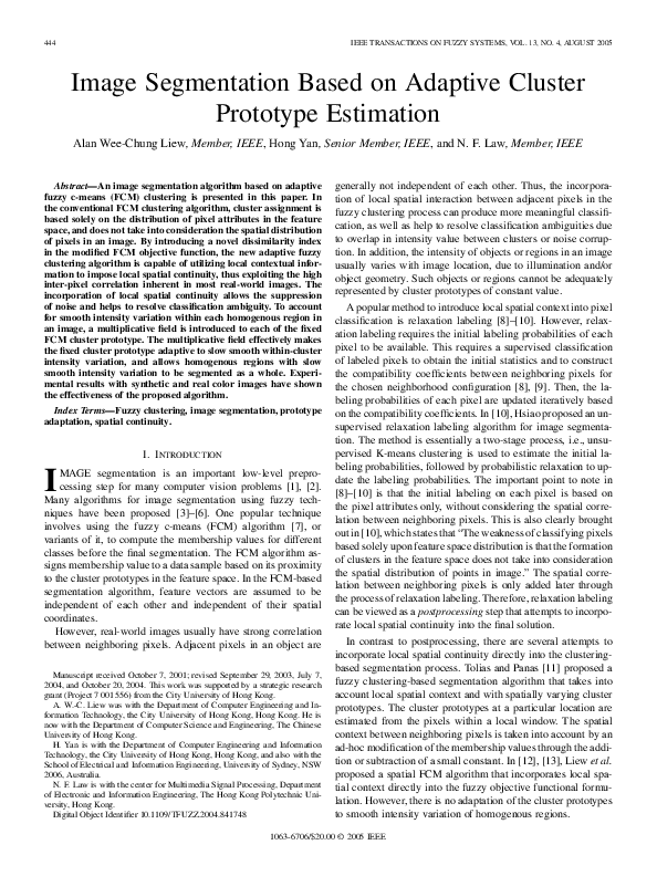 (PDF) Image segmentation based on adaptive cluster prototype estimation